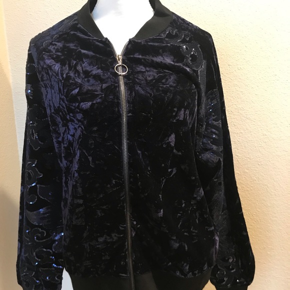 Love Riche | Jackets & Coats | Navy Velvetsequin Zippered Jacket | Poshmark